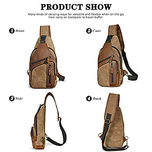 Handadsume Water Resistant Canvas + Leather Hiking Travel DayPack Sling Crossbody Triangle Chest Pack Bag For Men Women FB8013 (X-8015-Khaki)