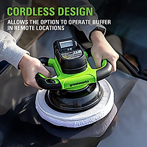 Greenworks 24V Powerful 10" Cordless Orbital Buffer, 10-inch pad 2800 RPM waxing machine with 4 Buffing Bonnets, 2.0Ah USB (Power Bank) Battery & 2A Charger included