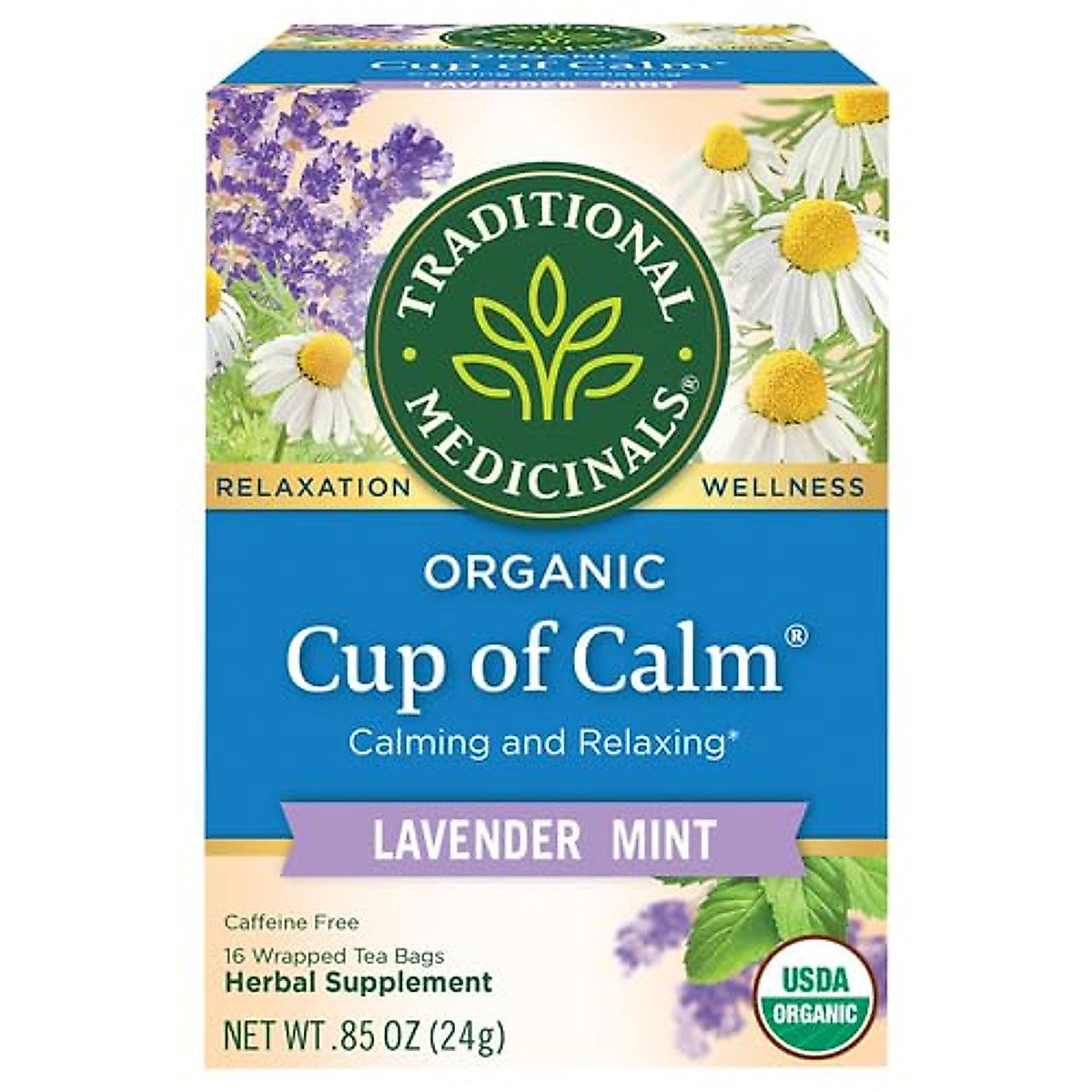Traditional Medicinals Organic Cup of Calm Lavender Mint Herbal Tea, Calming & Relaxing, (Pack of 1) - 16 Tea Bags