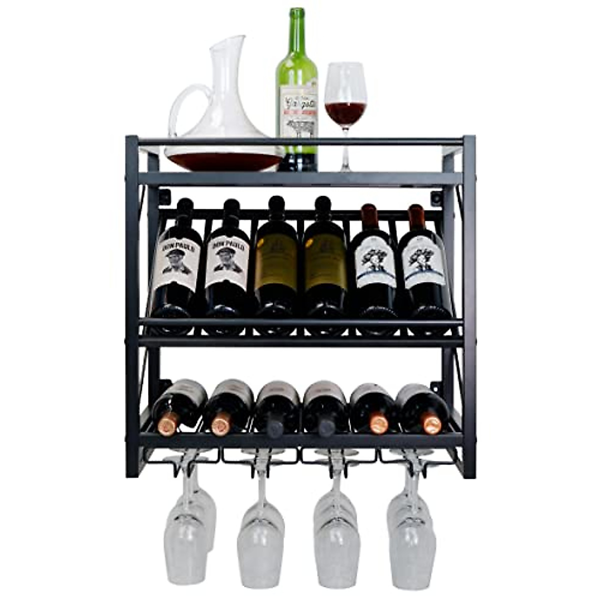Farmhouse Wall Mounted Wine Rack with Tilting Display Shelf, Wall Hanging Wine Rack, 3-Tier Shelves with Stemware Glasses Holder for Wine Storage, Wine Display Shelf for Kitchen Living Room Cafe Bar