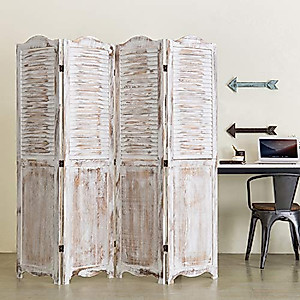 MyGift Room Divider, 4-Panel Antique Whitewashed Wood Louvered Shabby Chic Home Decor Dressing Screen with Dual-Action Hinge