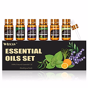 Wtrcsv Essential Oils Set- 6 Aromatherapy Oils -Perfect for Diffuser, Humidifier,Aromatherapy, Candle Making, Massage-Peppermint, Tea Tree, Lavender, Eucalyptus, Lemongrass, Sweet Orange（5ml）