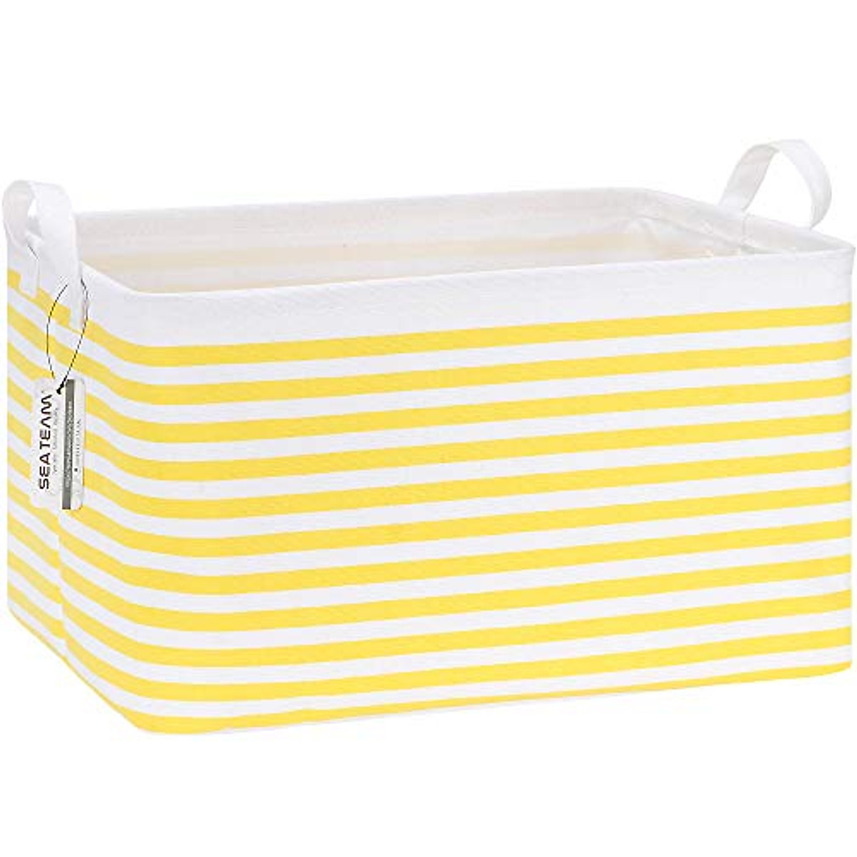 Sea Team Collapsible Canvas Fabric Storage Basket with Handles, Rectangle Waterproof Storage Bin, Box, Cube, Foldable Shelf Basket, Closet Organizer, 16.5 x 11.8 x 9.8 Inches, Yellow Stripe