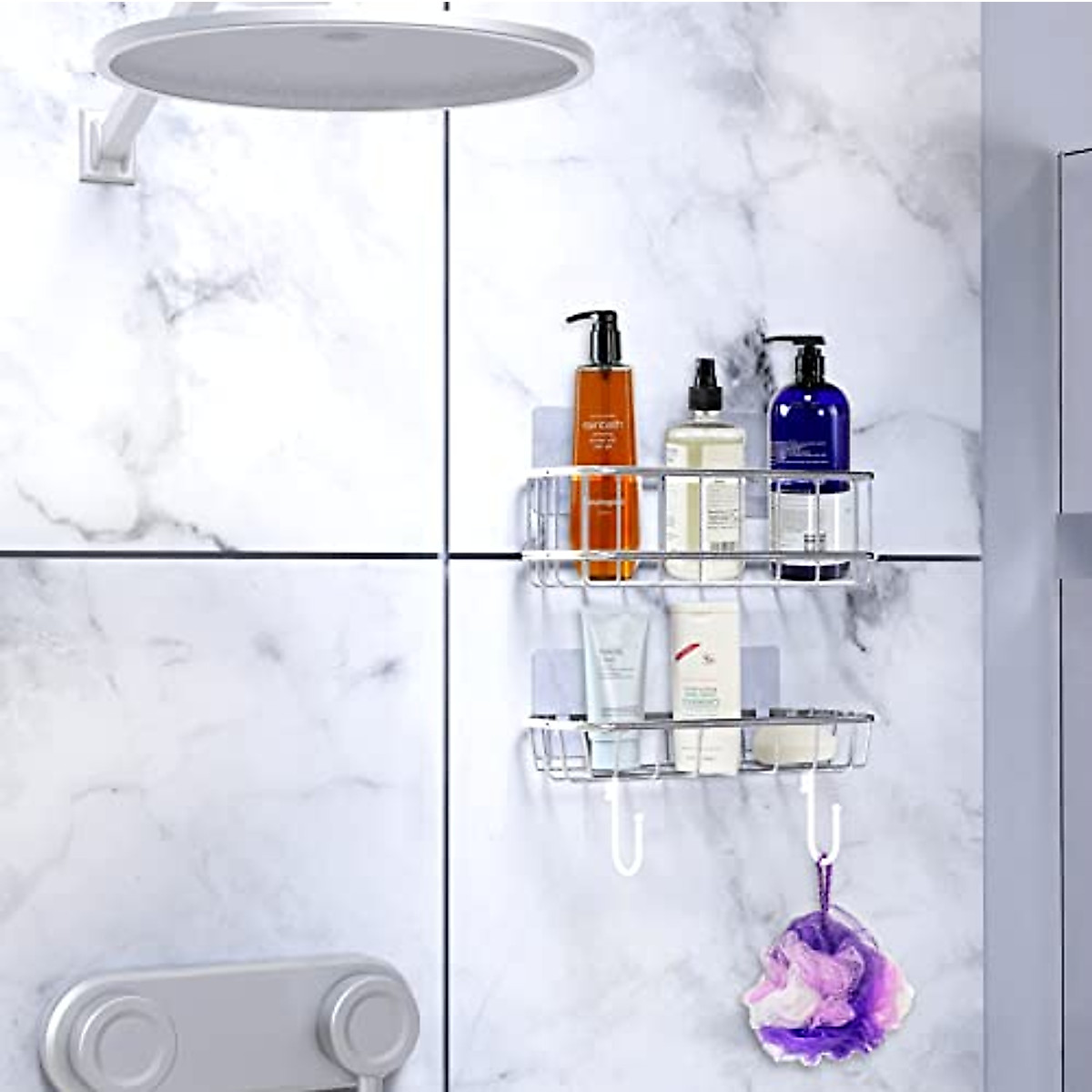 Simple Houseware 2-Tier Wall Mounted Adhesive Shower Caddy Shelf Organizer w/Hooks, Chrome