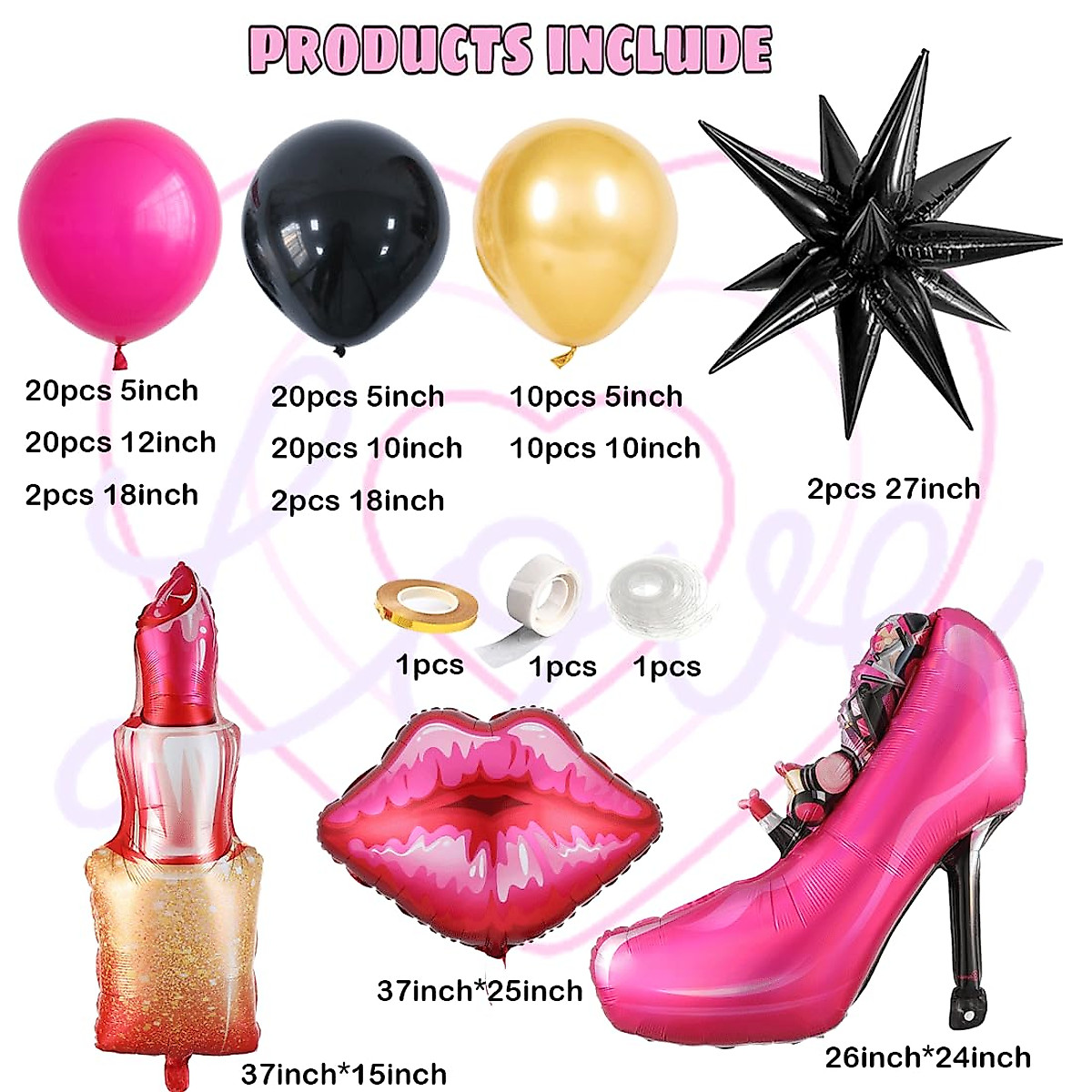 Hot Pink Black Metallic Gold Balloon Garland kit with High Heels Balloons, Red Lips, Lipstick Foil balloons For Princess Themed Birthday Decoration Makeup Party Bachelor Party Supplies