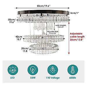 Finktonglan 19.7" Crystal Chandelier Modern LED Crystal Ceiling Light Fixture Flush Mount Ring Chandeliers for Bedroom Dining Room Living Room 6500K Cool White