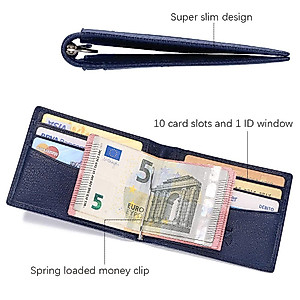 Aucuu Credit Card Wallet, RFID Blocking Bifold Minimalist Slim Pocket Purse, Metal Money Clip Holder (10 Slots, 1 ID Window, Cash Clip) Gift for Men & Women , L2us-2140964, Blue, 11 x 7.8 x 0.6 cm