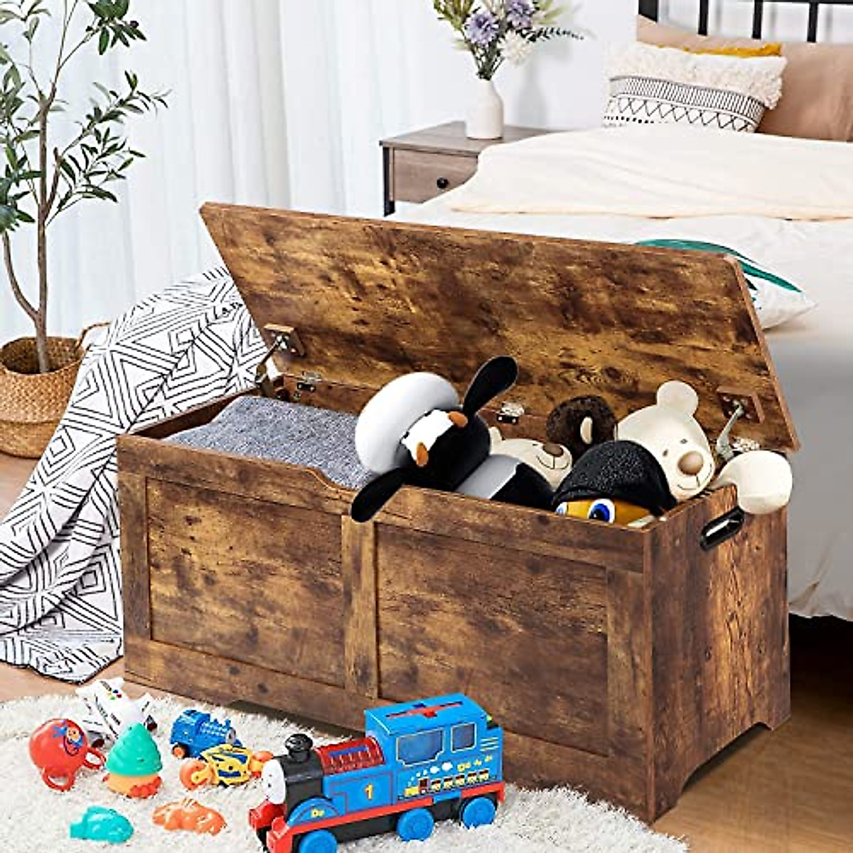 Timberer 39.4" Storage Chest, Wooden Storage Bench, Lift Top Toy Chest with 2 Safety Hinges, Large Toy Box, Entryway Bench for Living Room, Bedroom, Rustic Brown