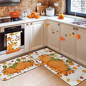Alishomtll Fall Kitchen Mats for Floor, Set of 2 Autumn Pumpkin Kitchen Mats, Autumn Home Decor Kitchen Rugs for Fall, Thanksgiving, 17x30 and 17x47 Inch