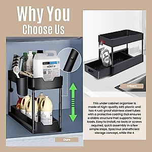 Chiaamo, Under Sink Organizers and Storage 2-Tier Sliding Shelf, 1 Sliding Organizer for countertop or Under The Sink with 4 Telescopic Tubes That Allows You to Adjust The Height to Your Need.