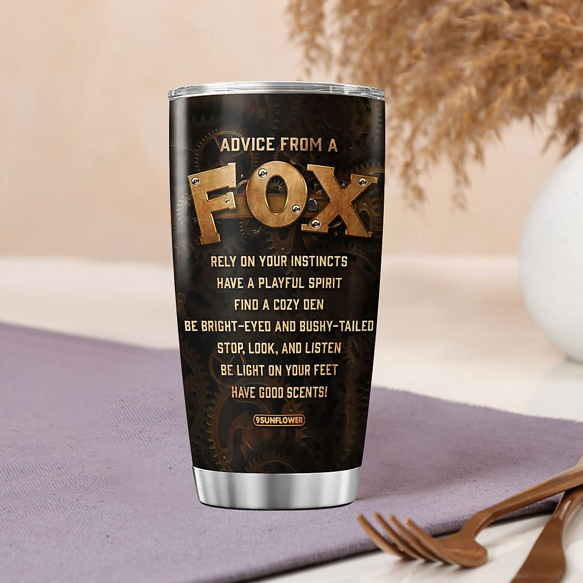 9SUNFLOWER Fox Coffee Tumbler Mechanic Style Birthday Gifts For Girls Women Boys Friends Steampunk Travel Mug With Lid Insulated Cold Drink Cup Inspirational Quotes Drinking Cups