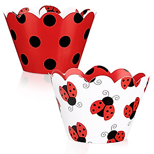 48 Pieces Ladybug Pattern Cupcake Wrappers Ladybug Cake Wrappers Reversible Dot Cake Wrappers Scalloped Cake Holder Wraps Small Cake Wrappers for Kids Birthday Party Baby Shower Baking Accessories
