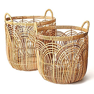 LA JOLIE MUSE Hand Woven Laundry Basket Set of 2, Boho Wicker Baskets Hamper with Handle, Chic Decorative Blanket Basket Holder for Living Room Bedroom Bathroom Home Office Storage
