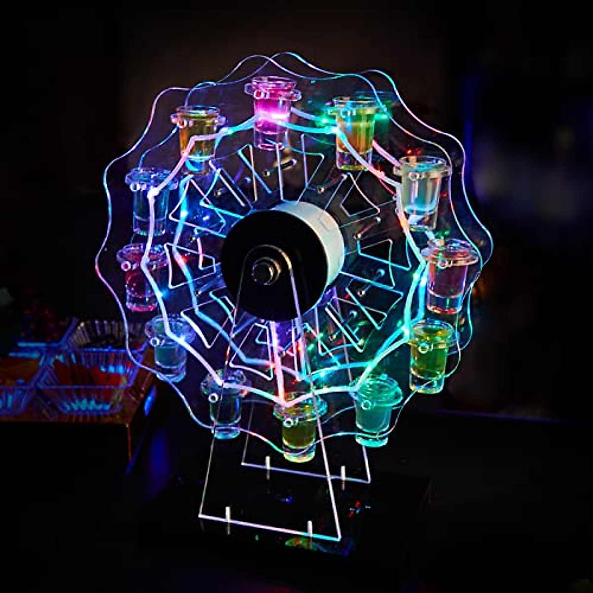 LED Neon Ferris Wheel Champagne Wine Acrylic Cup Holder, Colorful Light Spinning Stand with 12 Glasses Cups, Party Bar Drinking Tumblers Stand for Birthday, Wedding, Anniversary, 18" High