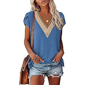 MixShe Womens Tops Puff Short Sleeve Shirts Summer Clothes V Neck Tshirts Spring Ladies Tunics Dressy Casual Blouses Trendy Fashion Tees 2023 Blue X-Large