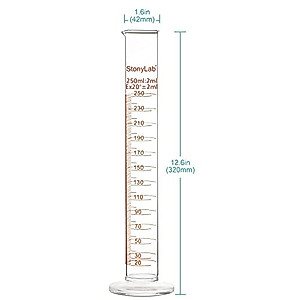 stonylab 1-Pack Graduated Cylinder, Borosilicate Glass 250 ml Heavy Wall Graduated Glass Measuring Cylinder