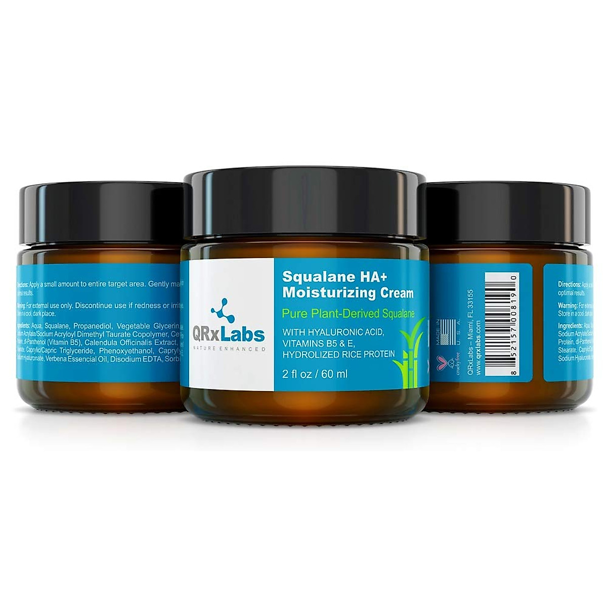 Pure Plant-Based Squalane HA+ Moisturizing Cream with Hyaluronic Acid – Organic ECOCERT Approved USDA Certified Squalane Derived from Sugarcane – Moisturizer For Face, Body & Skin - 2 fl / 60 ml