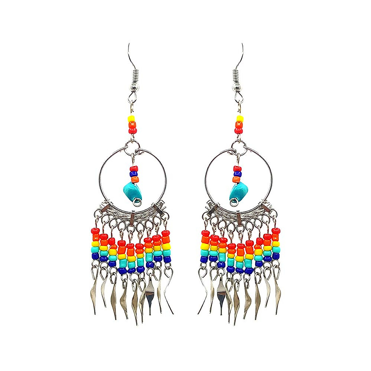 Native American Inspired Chip Stone Round Silver Metal Hoop Beaded Dangle Earrings - Womens Fashion Handmade Jewelry Tribal Accessories (Teal/Rainbow)