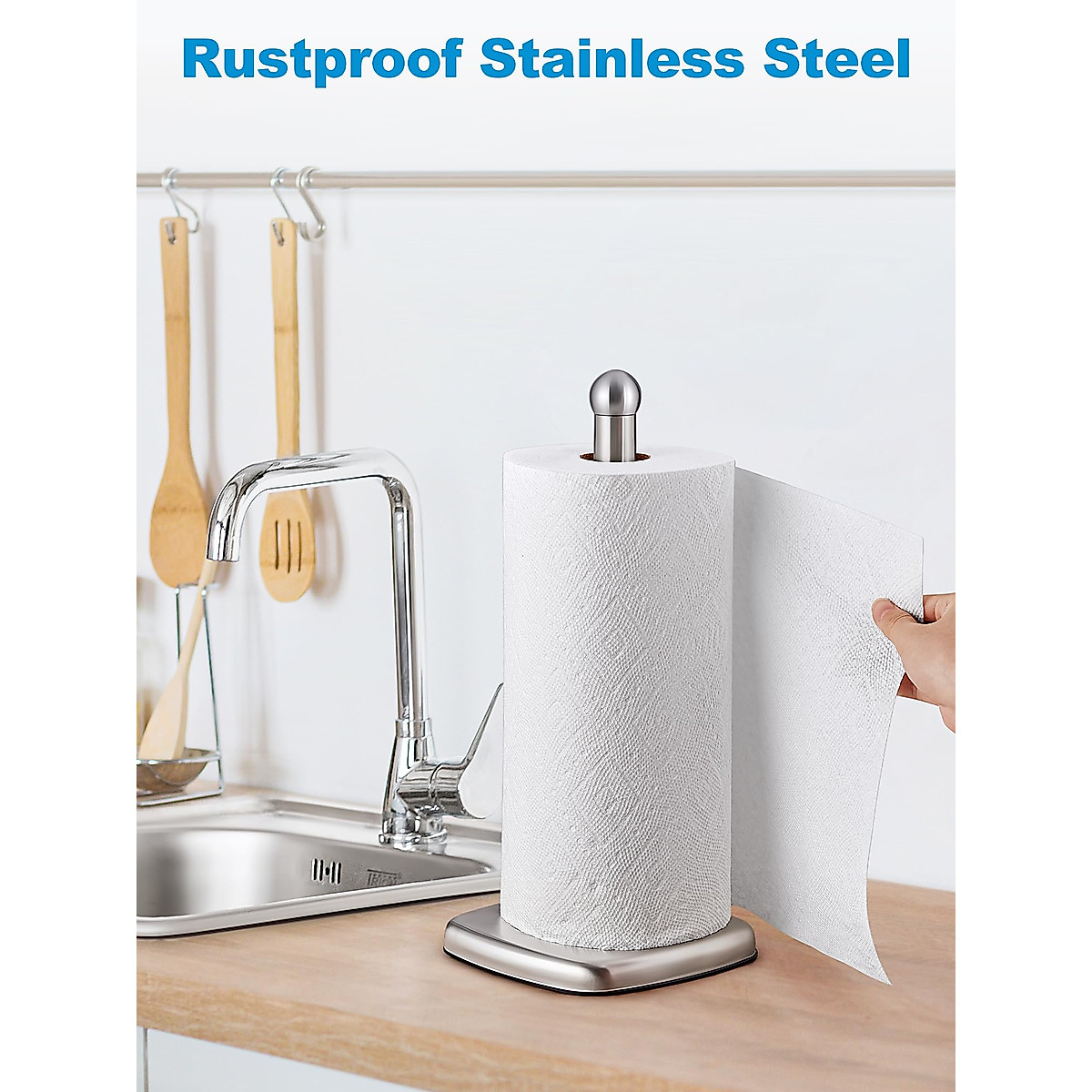 SMARTAKE Paper Towel Holder for Countertop, Standing Kitchen Roll Holder with Suction Cups, Non-Slip Paper Towel Stand, Stainless Steel, Weighted Base, for Kitchen Bathroom, Square Base (Silver)