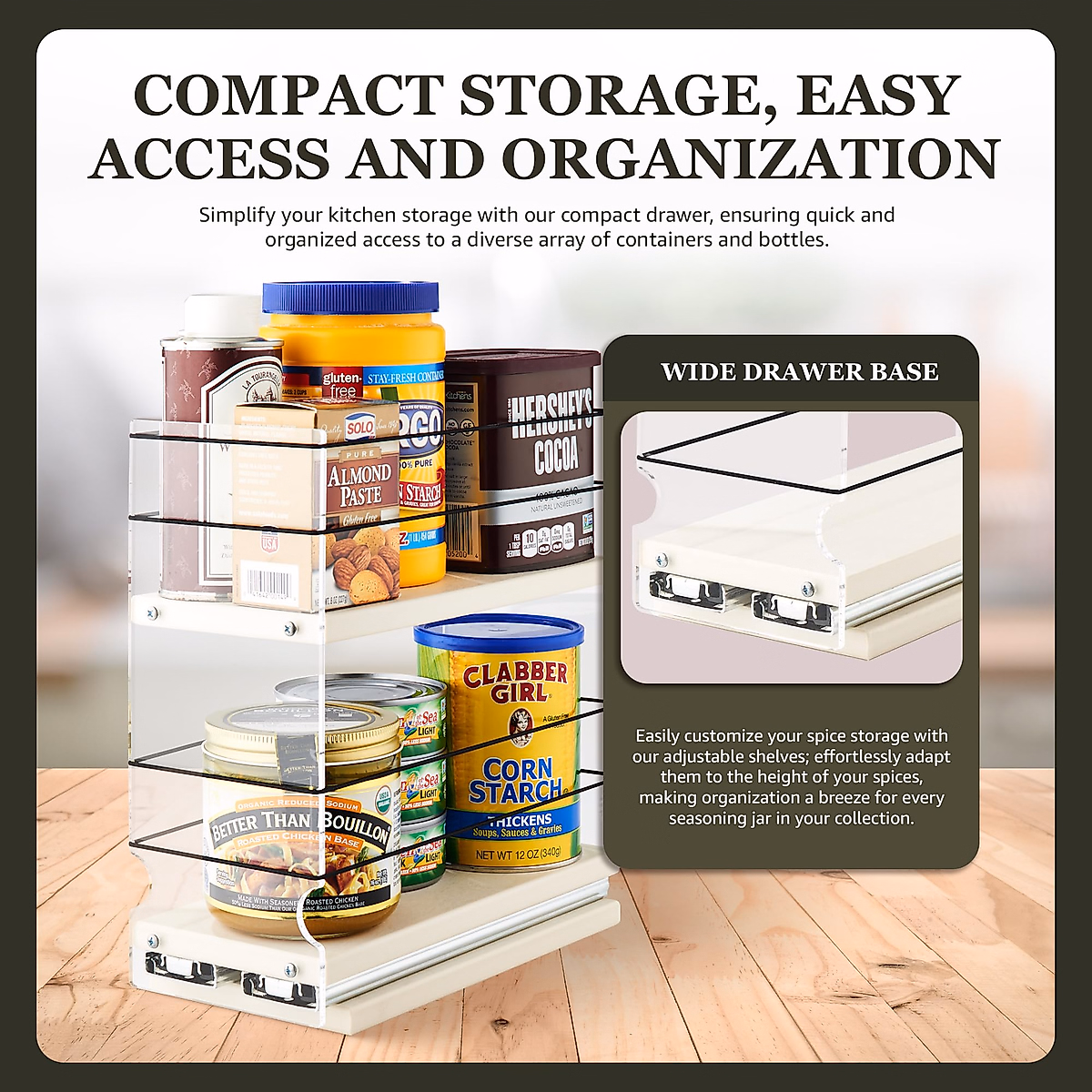 Vertical Spice - 4x2x11 DC - Storage Organizer Drawer with 2 Tiers - Heavy Duty - Size: 4.6" Width x 10.75" Height x 10.6" Depth - MADE IN USA