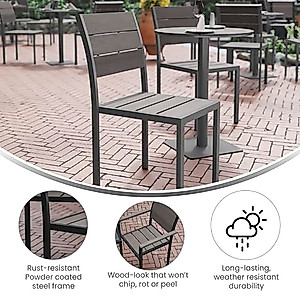 Flash Furniture Finch Commercial Grade Armless Patio Chair, Stackable Side Chair with Faux Teak Poly Slats and Metal Frame, Gray/Gray