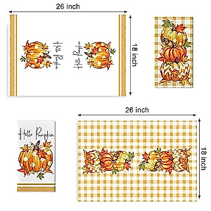 Seliem Fall Hello Pumpkin Patch Kitchen Dish Towels Set of 2, Autumn Maple Leaves Hand Towels Buffalo Plaid Check Drying Baking Cooking Cloth, Farmhouse Thanksgiving Home Kitchen Decor 18x26 Inch