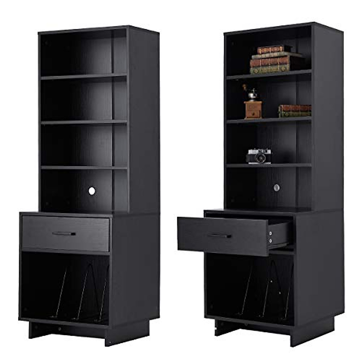 MELLCOM Wooden Bookcase Storage Cabinet Bookshelf with 3 Shelves and 1 Drawer, Modern Standing Shelf, Side Corner Storage Cabinet Decor Furniture for Home Office (Black)