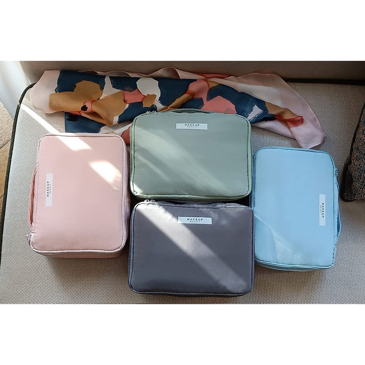 AUSEKALY Makeup Bag Cosmetic Bag For Women Travel Make Up Bag for Girl 2PCS Cute Large Makeup Bag With Brush Bag + Small Cosmetic Bags Blue