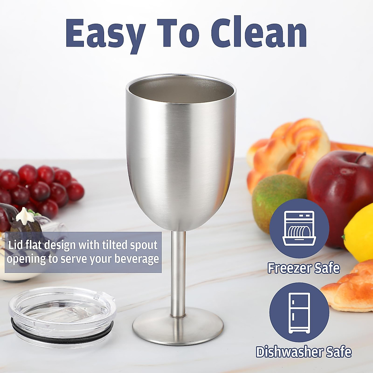 Photect 6 Pack Stemmed Stainless Steel Wine Glasses with Lid 10 oz Double Wall Insulated Wine Tumbler Unbreakable Goblets with Drinking Straw and Straw Brush for Wedding Valentine's Day Party