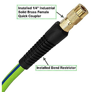 YOTOO Air Hose 1/4 in x 25 ft, Heavy Duty Hybrid Air Compressor Hose, Flexible, Lightweight, Kink Resistant with 1/4" Industrial Quick Coupler Fittings, Bend Restrictors, Green+Blue