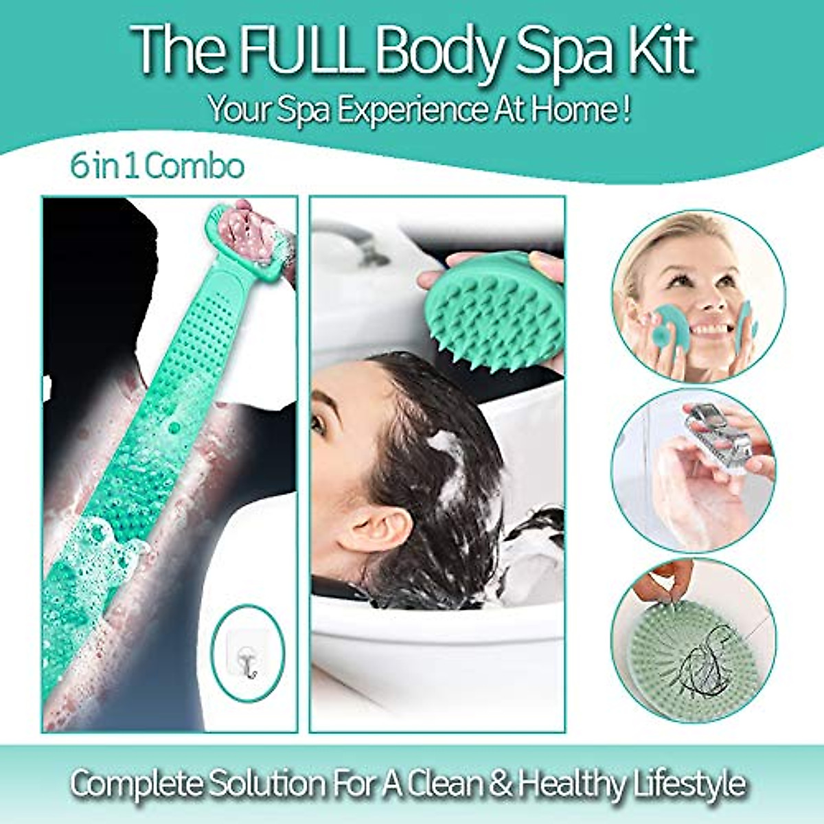 Zuzu Baba 6 Piece Full Body Spa Kit Scalp Massager Silicone Back Scrubber Facial Cleanser Nail Brush Hair Catcher Multifunction Women Men Kids Pets Bundle. Massage Exfoliating Cleansing.