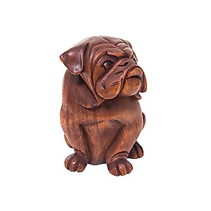 OMA Hand Carved Dog Bulldog Statue Figurine Solid Wood Sitting Dog Statue Home Decor Gift
