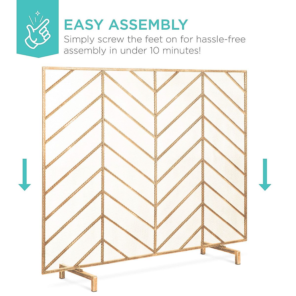 Best Choice Products 38x31in Single Panel Handcrafted Wrought Iron Mesh Chevron Fireplace Screen, Fire Spark Guard for Living Room, Bedroom Décor w/Distressed Antique Finish - Gold