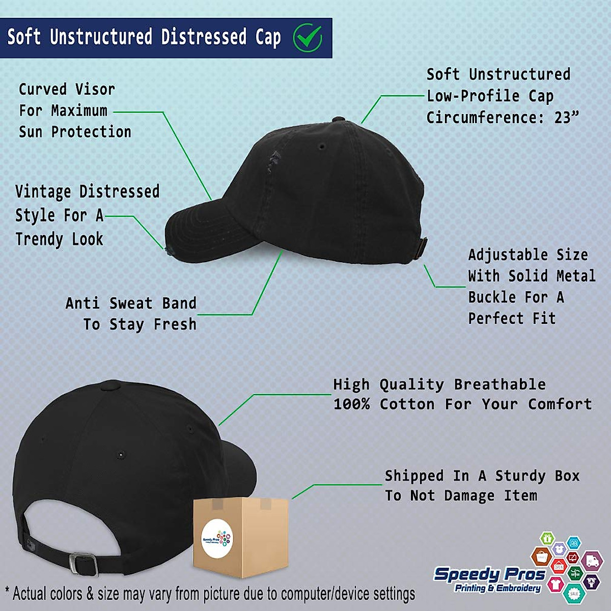 Soft Vintage Distressed Hat Baseball Cap Custom Personalized Text Cotton Dad Hats for Men & Women Buckle Closure Black Worn Hat
