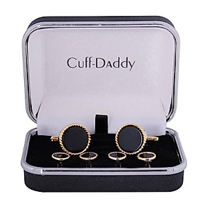 Cuff-Daddy Cufflinks and Studs Tuxedo Gold-Tone Cufflinks Round Ribbed Tuxedo Formal Set with Presentation Idea Box Unique Designed French Cuff Links Mens Wedding Business for Men