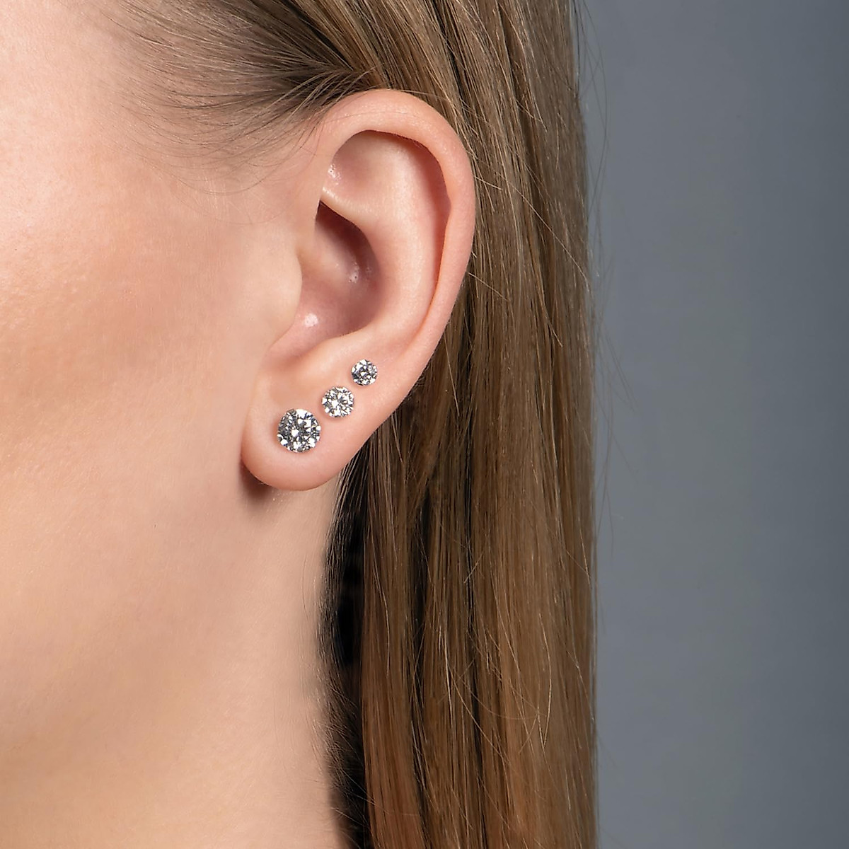 Jewelili 10k White Gold with 4mm, 5mm and 6mm White Round Cubic Zirconia Stud Earrings, 3 Pairs