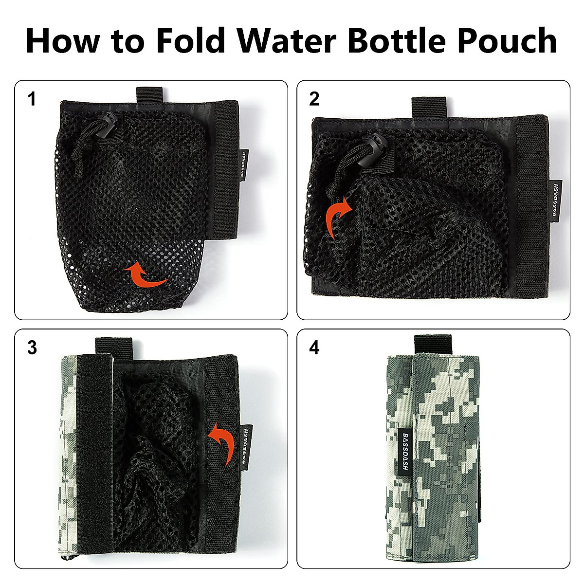 Bassdash Tactical Molle Water Bottle Pouch with Carabiner Foldable Mesh Holder Bag for Travel Fishing Hunting Hiking Outdoor Activities