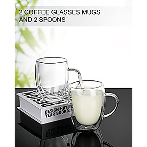 LIBWYS 2 Pack Double Walled Coffee Cups Glasses Mugs, 12oz Espresso Cappuccino Latte Tea Cups with Handle, Heat Resistant Borosilicate Clear Glasses 350ml