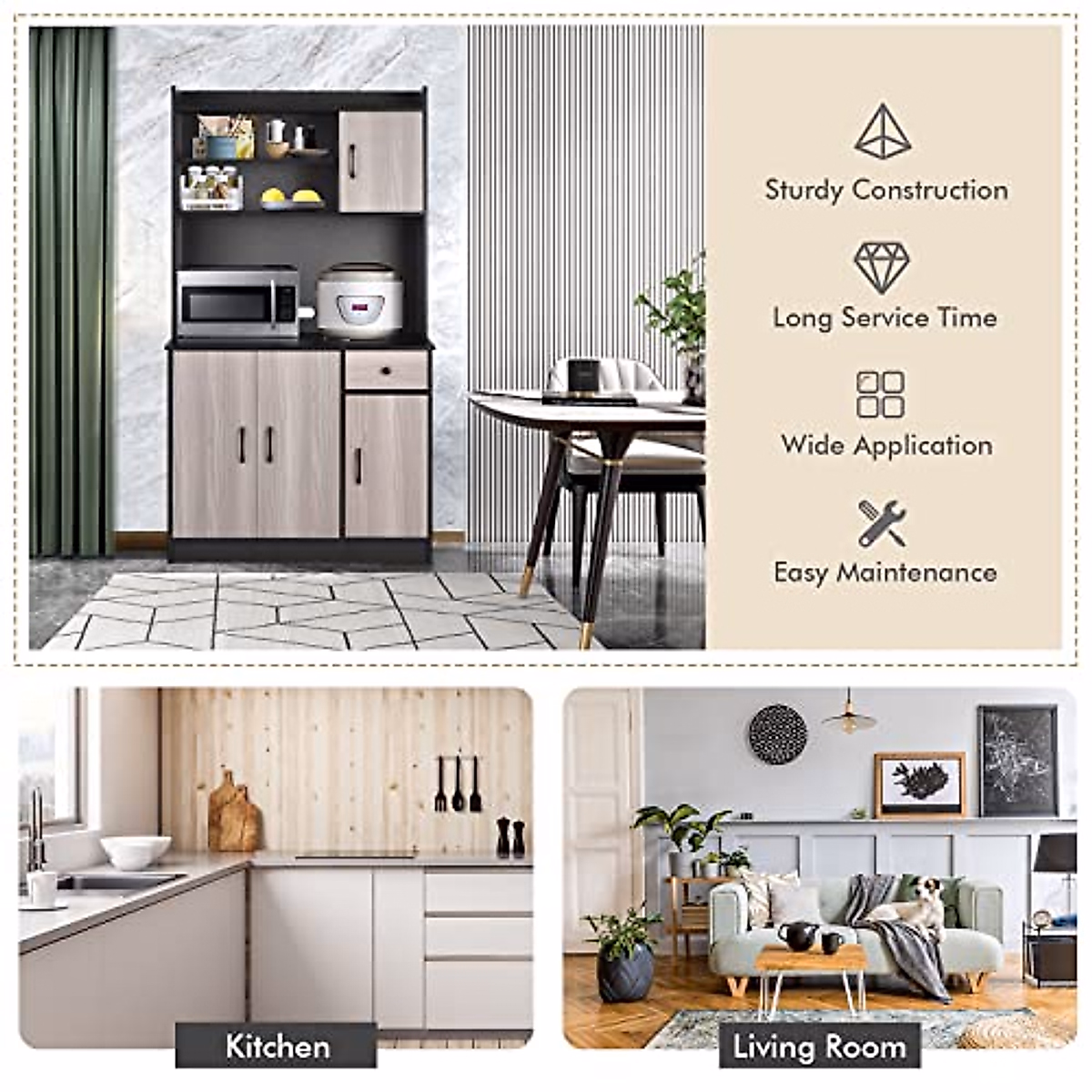 COSTWAY Freestanding Buffet with Hutch, Kitchen Pantry Storage Cabinet with 5-Position Adjustable Shelves, Kitchen Buffet Cabinet with Open Shelves, Doors and Drawer for Home (Black)