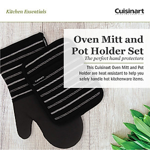 Cuisinart Neoprene Oven Mitts and Potholder Set -Heat Resistant Oven Gloves to Protect Hands and Surfaces with Non-Slip Grip, Hanging Loop-Ideal for Handling Hot Cookware Items, Twill Stripe Jet Black