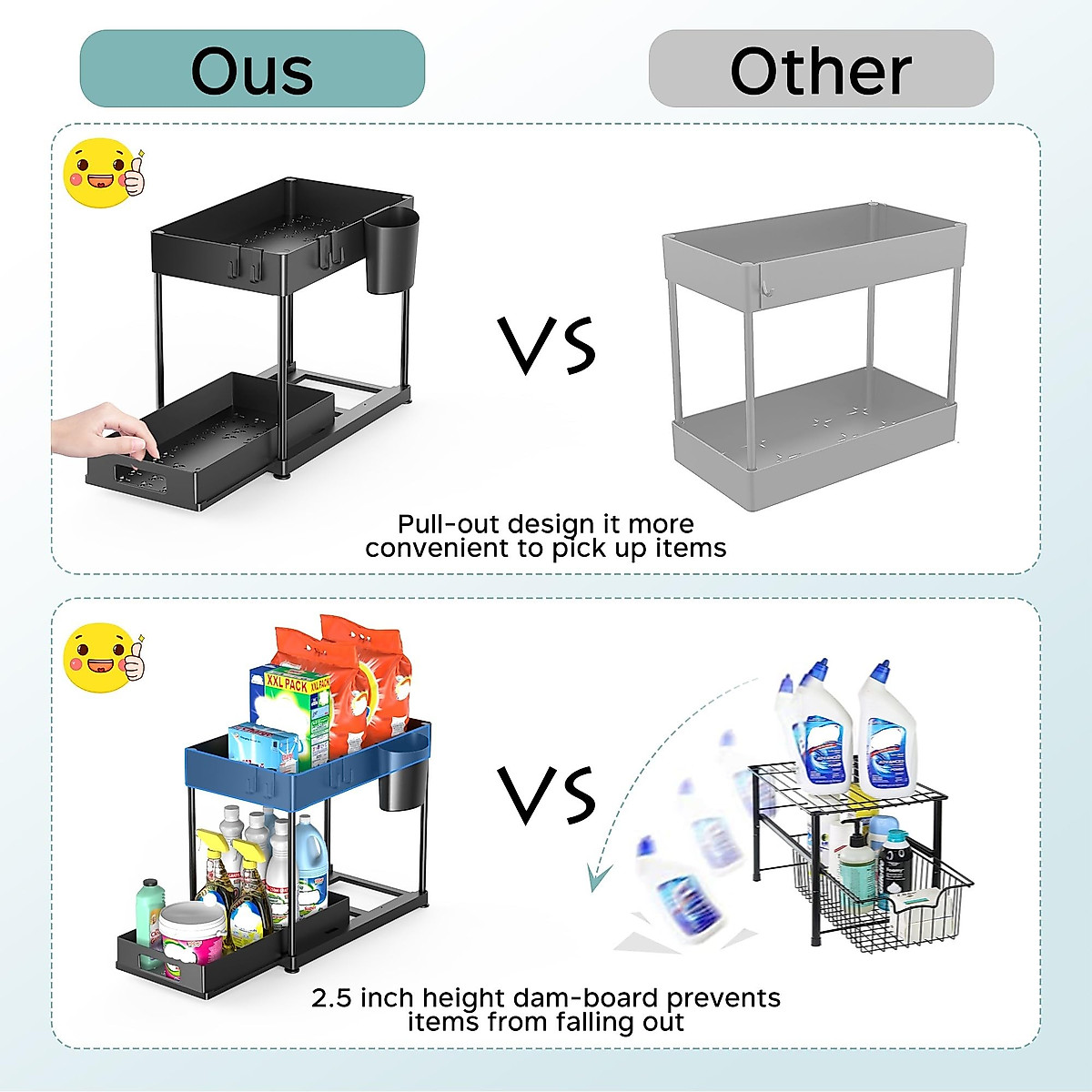 Kjfeoiye Under Sink Organizers and Storage, 2 Pack Large Capacity Heavy Load Pull-out Under Sink Shelves with Sliding Drawer for Kitchen and Bathroom, Black, 12 x 8.7 x 15.7 inch