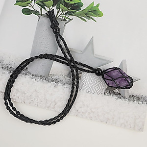 Anjiucc Natural Gemstone Crystal Raw Amethyst Pendant Necklace Stone Holder Necklace Cord Hand-Woven Necklace with Adjustable Length for Women Men