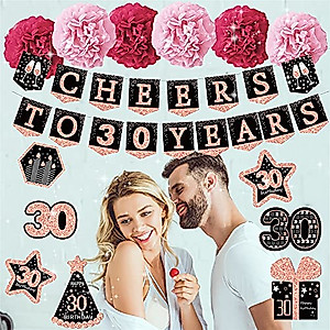 30th birthday decorations for her - (21pack) cheers to 30 years rose gold glitter banner for her, 6 paper Poms, 6 Hanging Swirl, 7 decorations stickers. 30 Years Old Party Supplies gifts for women
