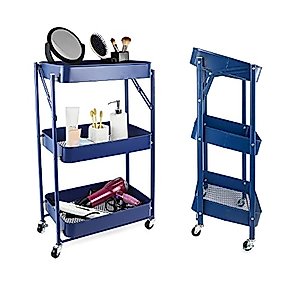 Isaac Jacobs 3-Tier Rolling Cart, Foldable Mobile Storage Organizer with Caster Wheels, Lightweight Multi-Purpose Metal Utility Cart for Office, Kitchen, Bathroom, Bedroom (Navy)