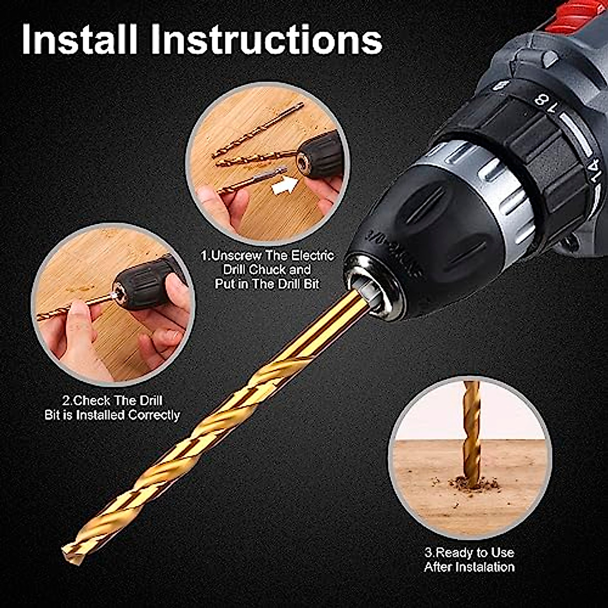 UBESTHS Titanium Twist Drill Bit Set, 10 Pcs 1/8" Hex Shank Drill Bits High Speed Steel for Wood, Plastic, Aluminum Alloy, Metal, Quick Change