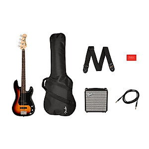 Fender Squier Affinity Precision Bass PJ - 3-Color Sunburst Bundle with Rumble 15 Amplifier, Instrument Cable, Gig Bag, Tuner, Strap, and Austin Bazaar Instructional DVD