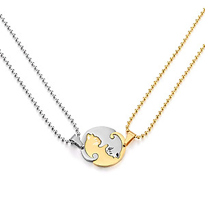 COOLSTEELANDBEYOND Pair Steel Gold Silver Matching Kitty Cat Friendship Pendant Necklace, Lovers Couples Friends