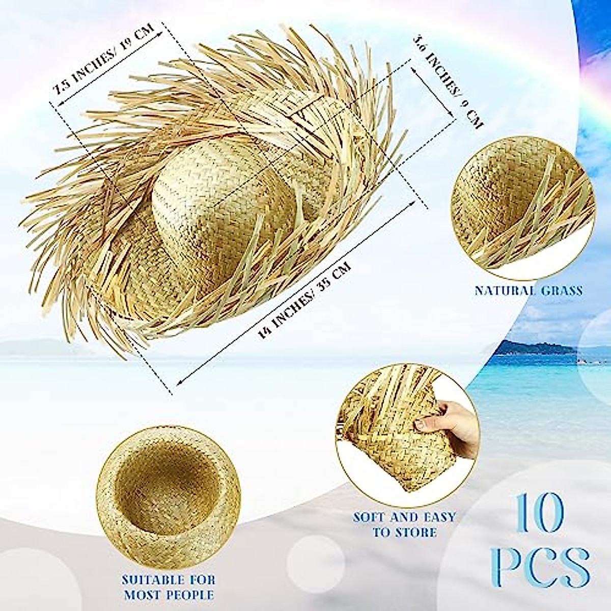 Hercicy 10 Pcs Beach Straw Hat Adult Party Hats Hawaiian Hat Beachcomber Farmers Hat Funny Luau Hat for Men Women Costume Summer Themed Decorations Accessories