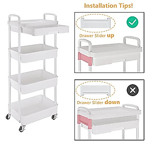 Dttwacoyh 4-Tier Rolling Cart，Trolley with Drawer, Kitchen Storage Organizer with Plastic Shelf & Metal Wheels, Storage Cart for Living Room, Kitchen, Office, Bathroom, White