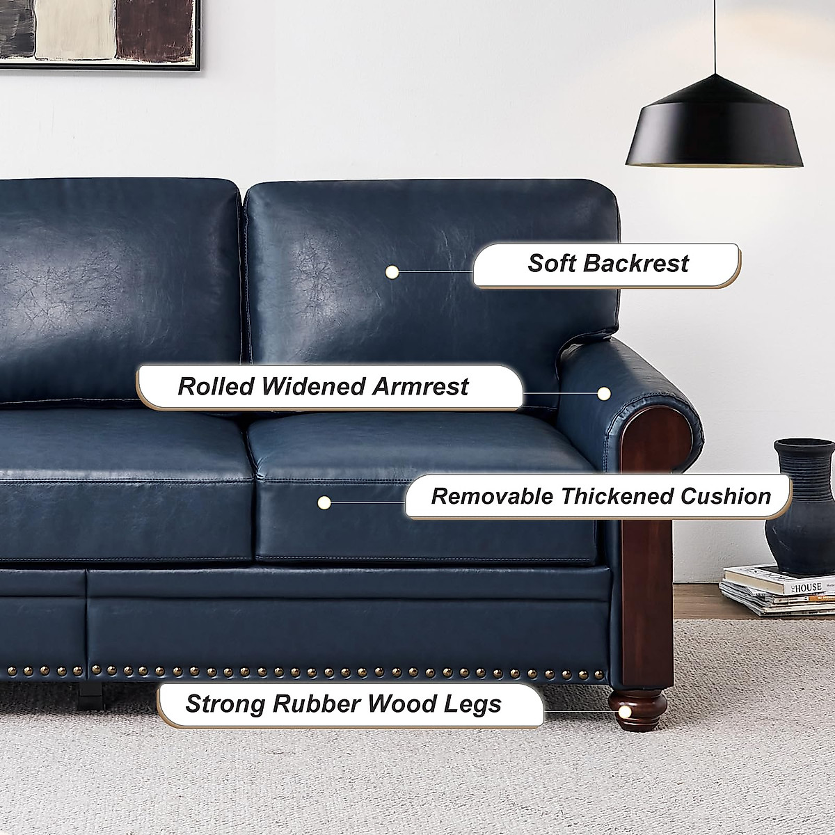 HULALA HOME 81'' Faux Leather Sofa with Nailhead Trim and Wood Decor Rolled Arms, Modern Living Room 3-Seater Couch, Navy Upholstered Couch with Removable Backrest for Bedroom Apartment